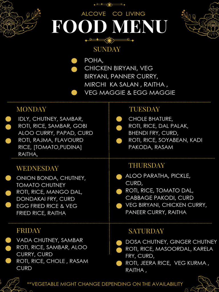 Weekly Alcove Food Menu | PDF