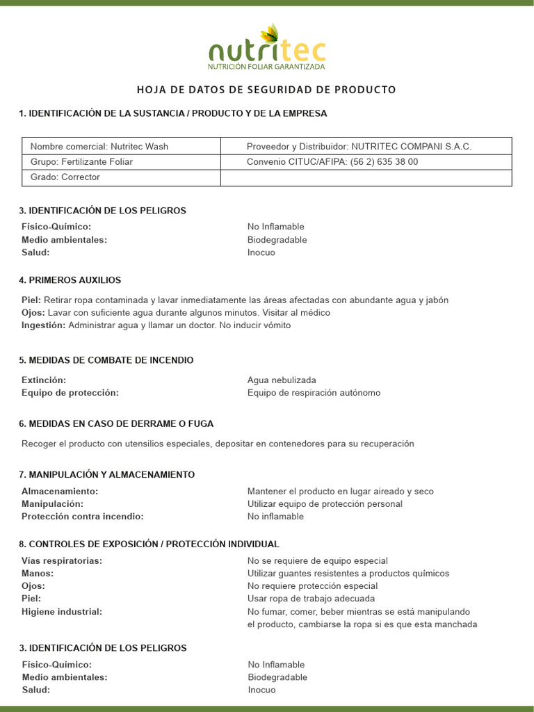 Hoja de Seguridad Nutritec Wash | PDF | Agua | Fertilizante