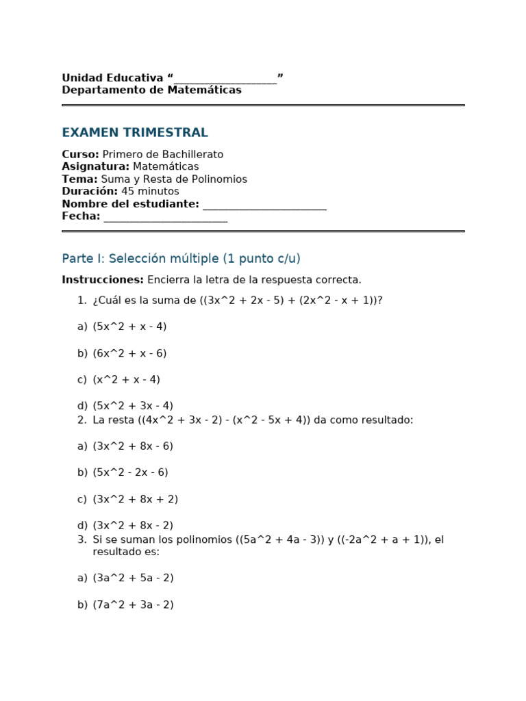 Examen de Suma y Resta de Polinomios | PDF
