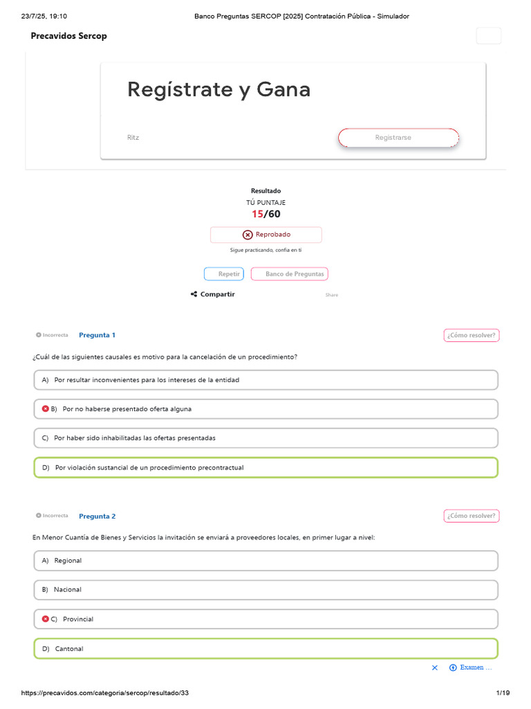 Banco Preguntas SERCOP (2025) - Contratación Pública - Simulador | PDF | Subasta | Outsourcing