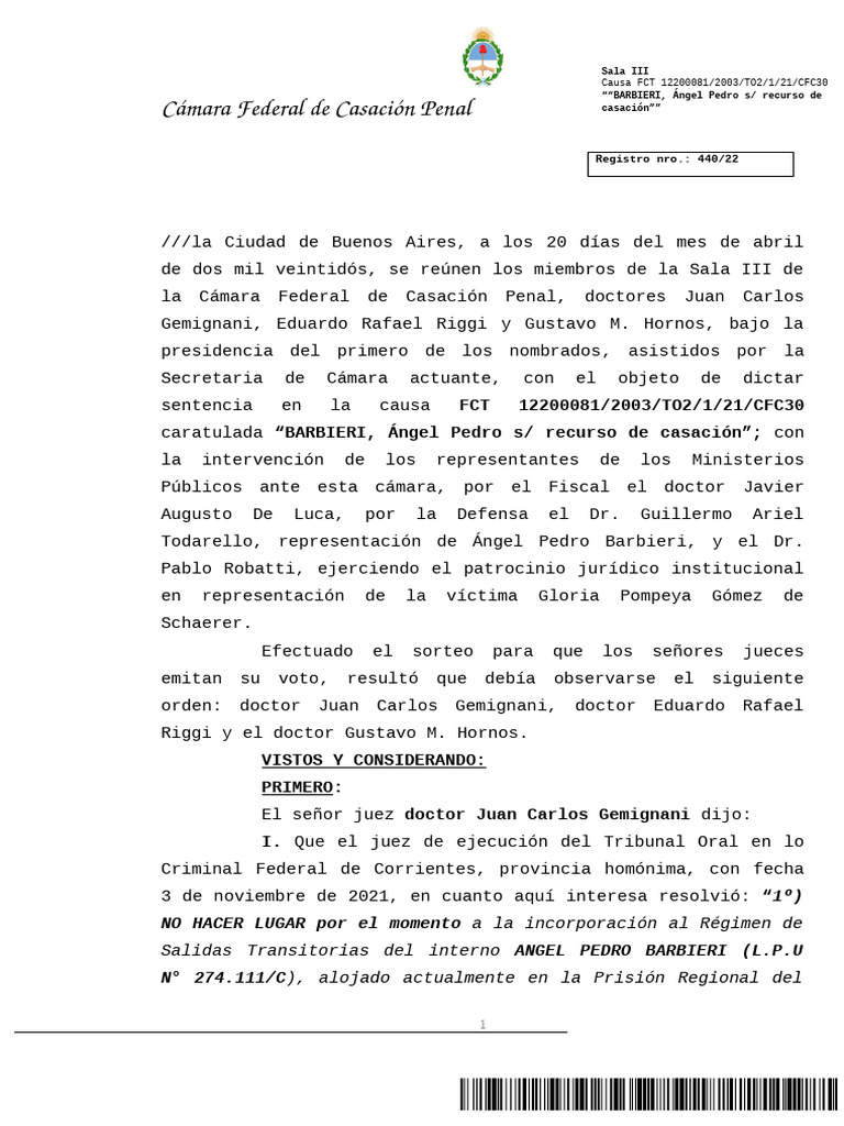 CASACIÓN BARBIERI SALIDAS TRANSITORIAS ARBITRARIEDAD. PPIO LEGALIDAD | PDF | Juez | Separación ...