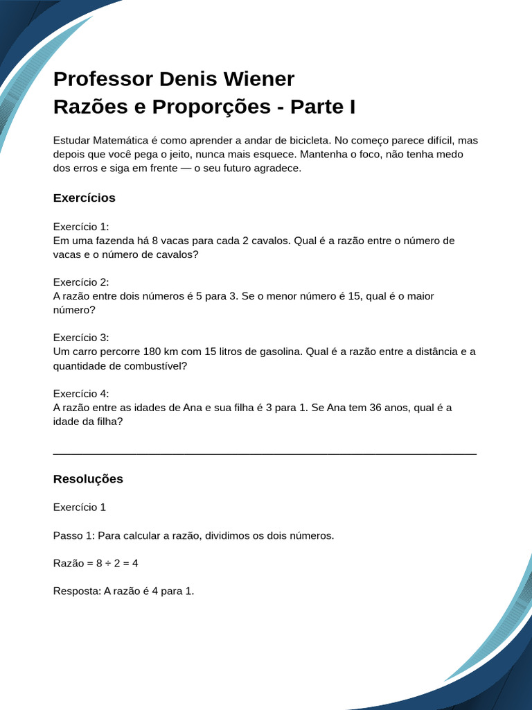 Razões e Proporções: Exercícios e Soluções | PDF