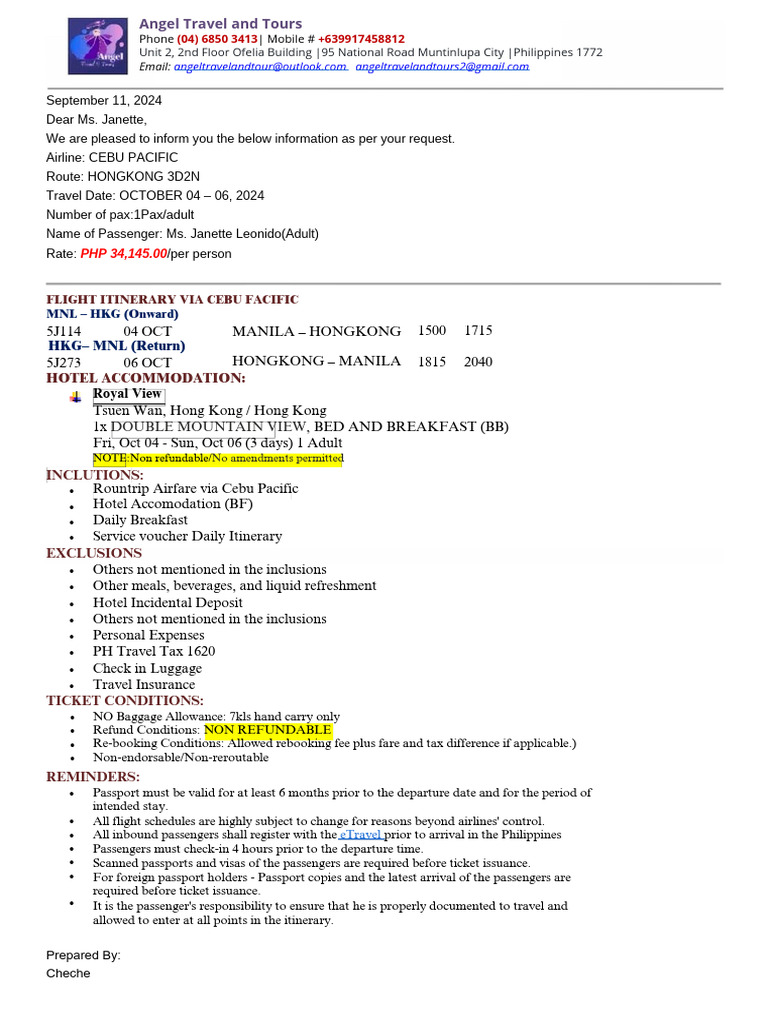 Leonido Flight Via Cebupac and Royal View Hotel 1pax - PDF 20240916 ...