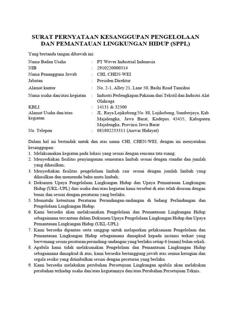 Surat Pernyataan Kesanggupan Pengelolaan Dan Pemantauan Lingkungan Hidup (SPPL) | PDF
