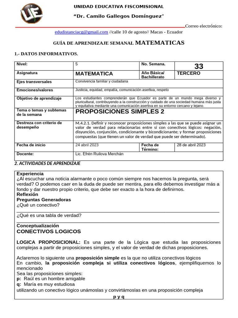 Guia Semana 33-3ero Bgu Matematica - Efren | PDF | Proposición | Verdad