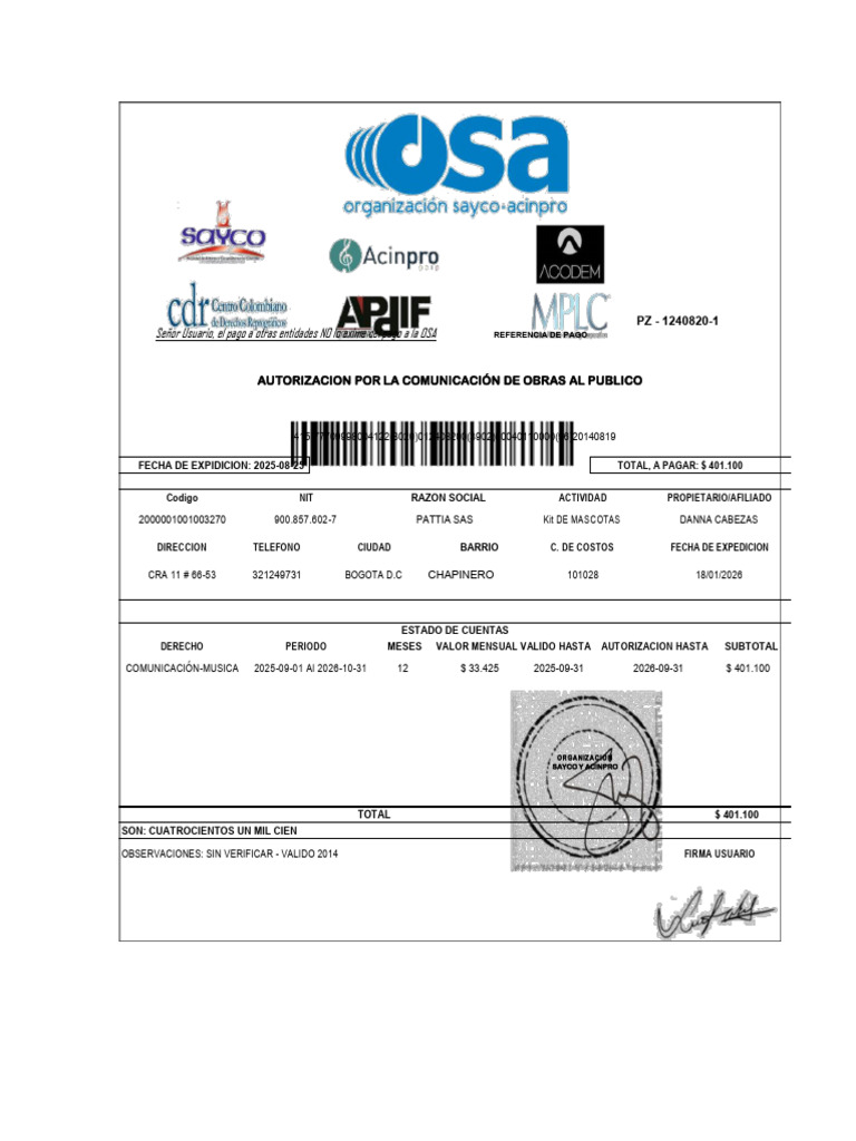 Pago Sayco y Acinpro | PDF