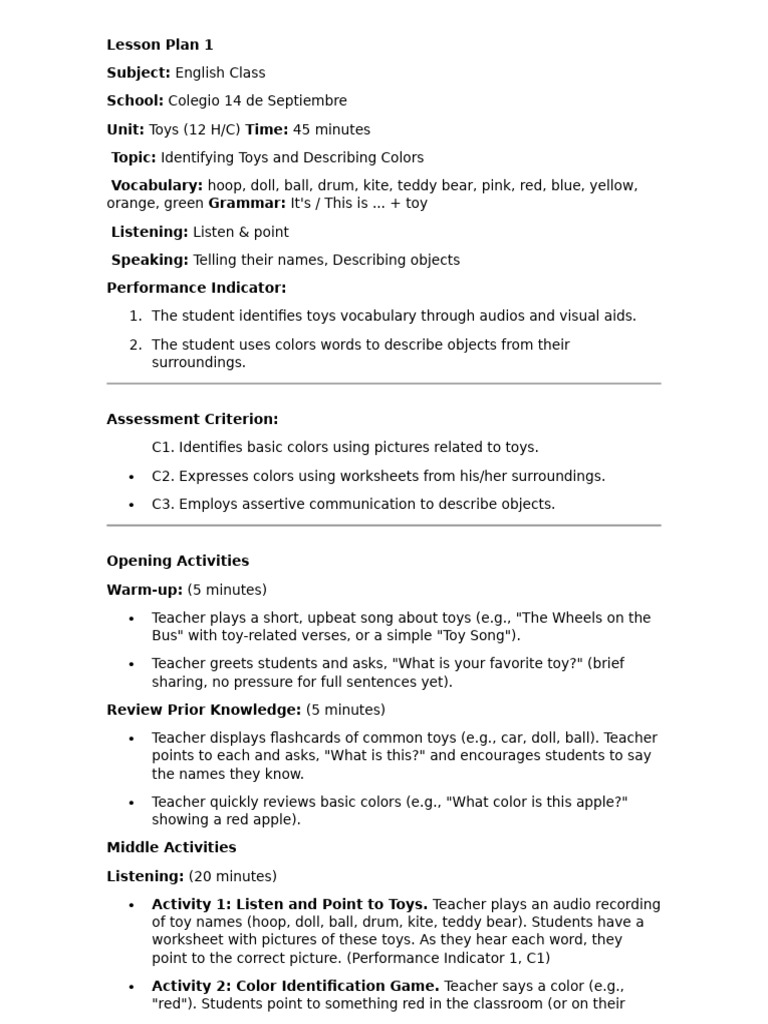 Describing Toys and Colors Lesson Plan | PDF | Toys | Vocabulary