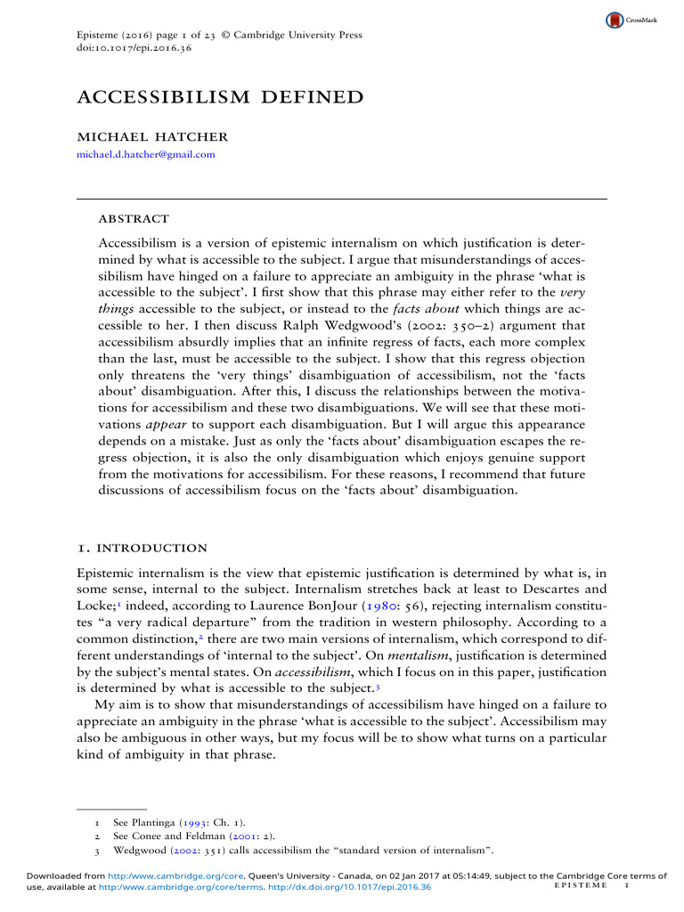 Hatcher. Accebilismo. Internalismo. Episteme Cambridge2016 | PDF ...