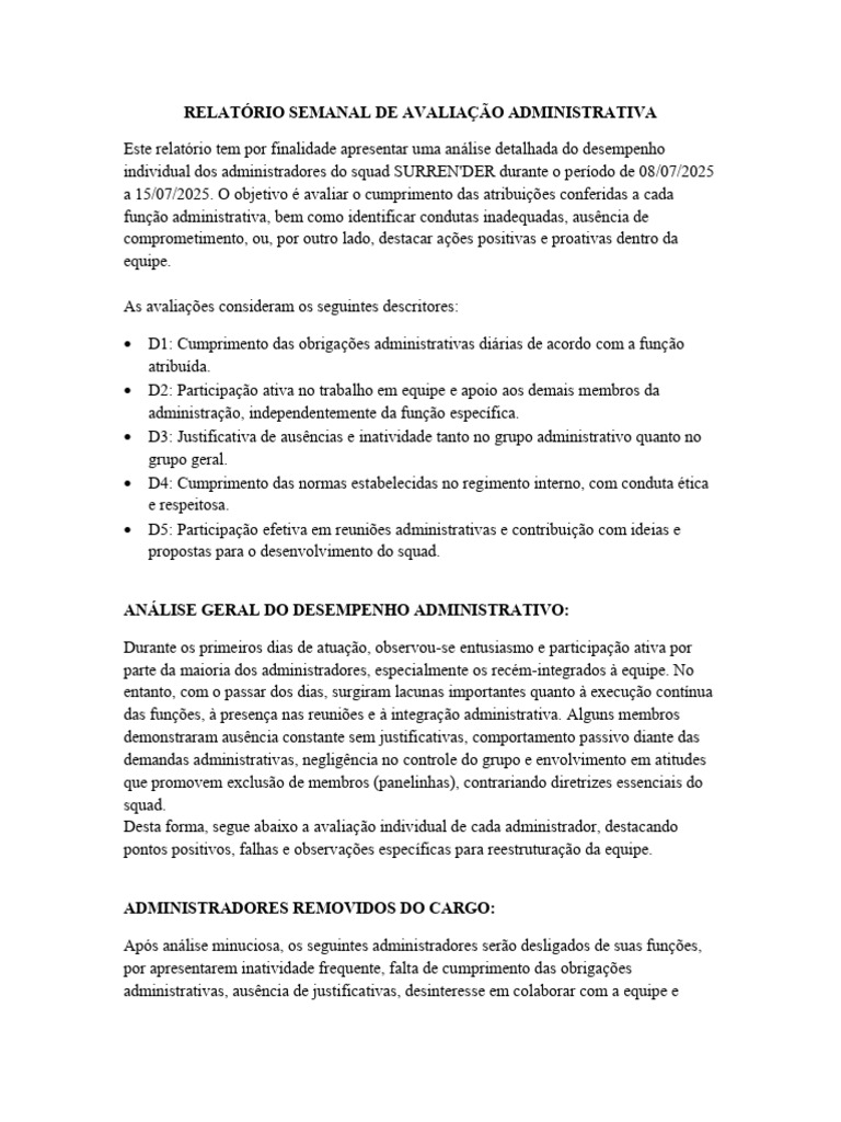 Avaliação Semanal de Administradores SURREN'DER | PDF