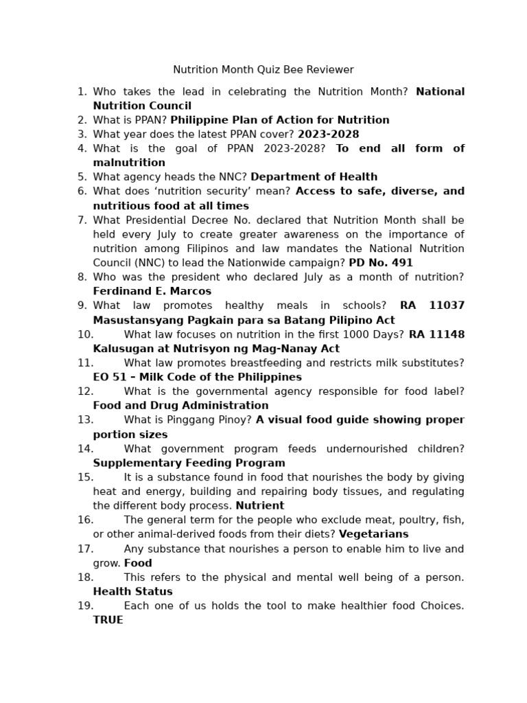 Nutrition Month Quiz Bee Reviewer | PDF | Foods | Vitamin