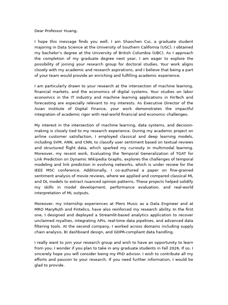PhD Inquiry from Shaochen Cui | PDF | Machine Learning | Learning