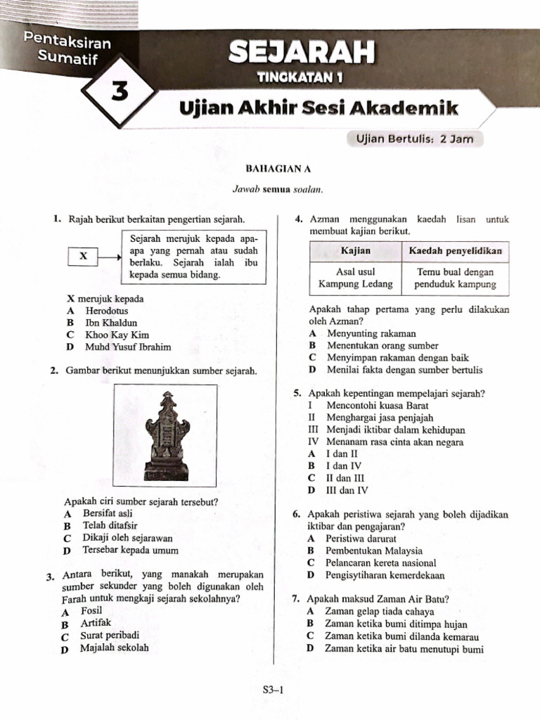 Uasa Sejarah Set3 (Tingkatan 1) | PDF