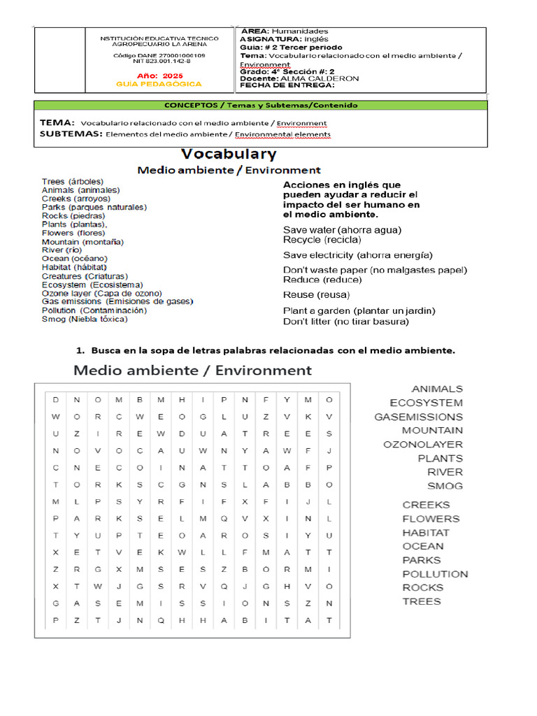 Actividades de Vocabulario Ambiental | PDF