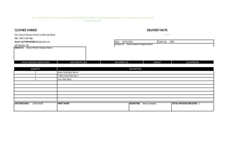 Delivery Note for Clothing Order 5685 | PDF