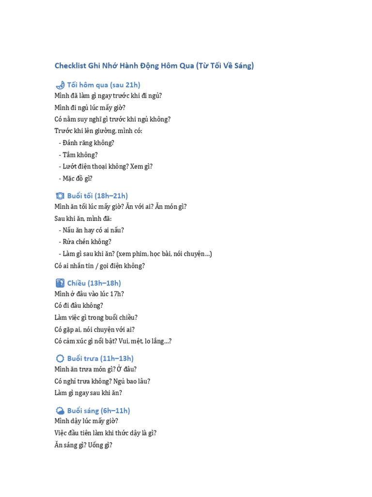Checklist Ghi Nho Hanh Dong Hom Qua | PDF