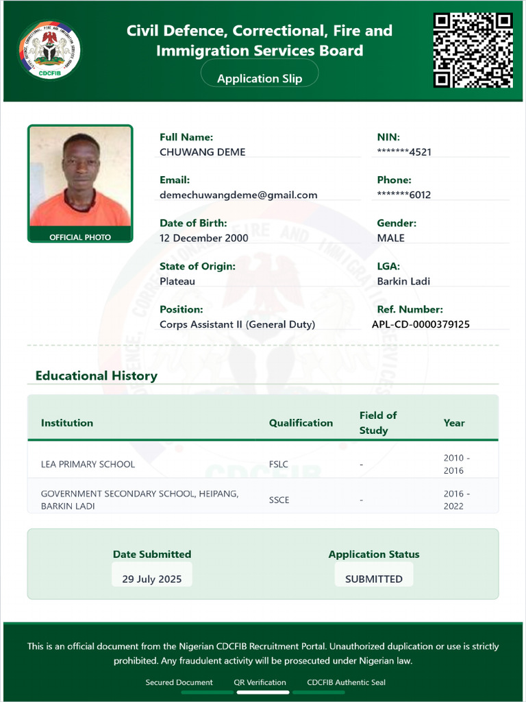 CHUWANG DEME DEME Application Slip | PDF