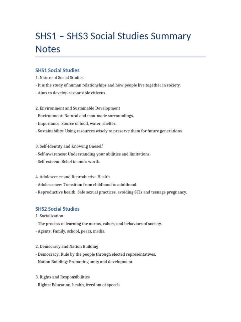 SHS1 To SHS3 Social Studies Summary | PDF