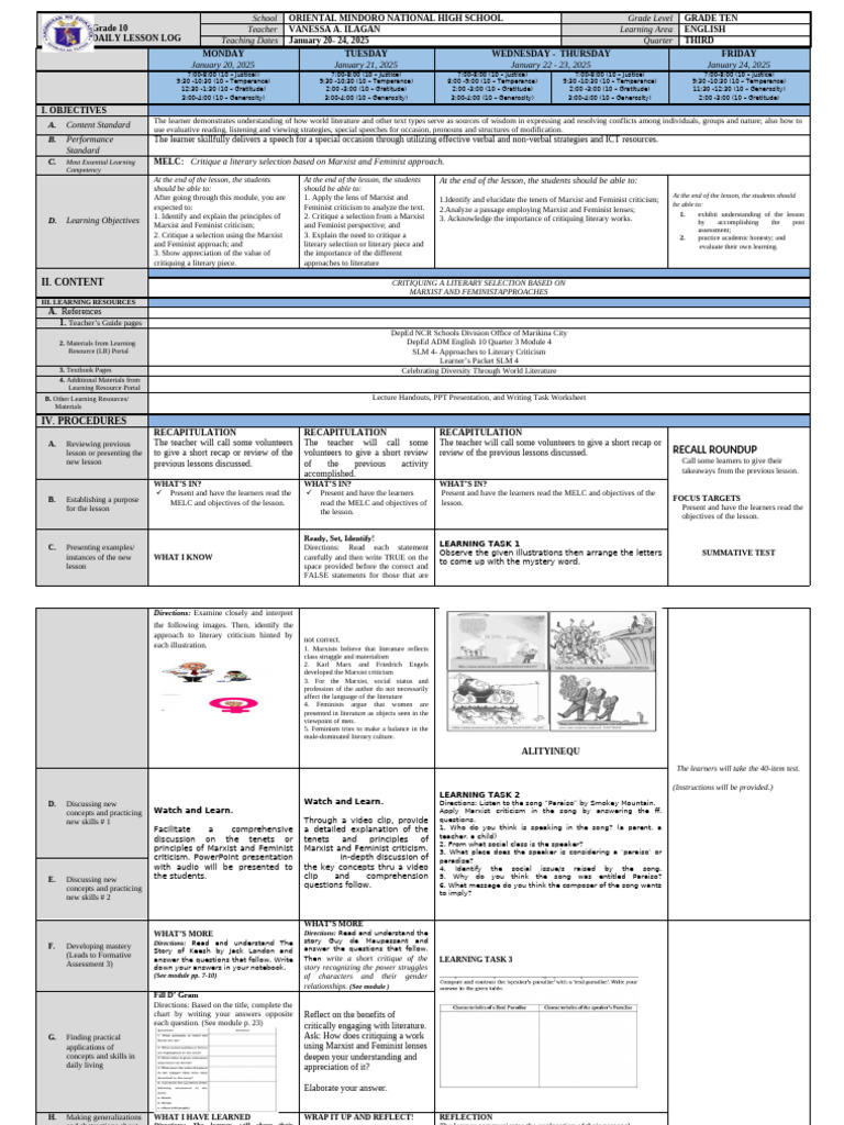 Grade 10 English Lesson Plan: Literary Criticism | PDF | Learning | Marxism