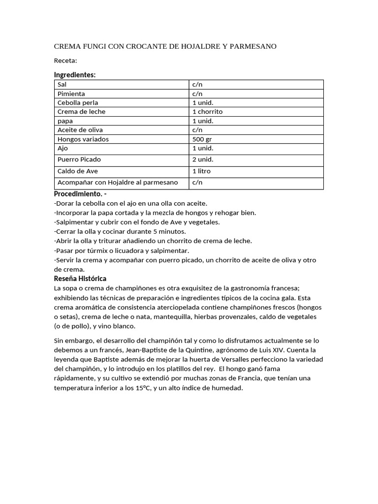 Examen Final Crema Fungi Con Crocante de Hojaldre y Parmesano | PDF ...