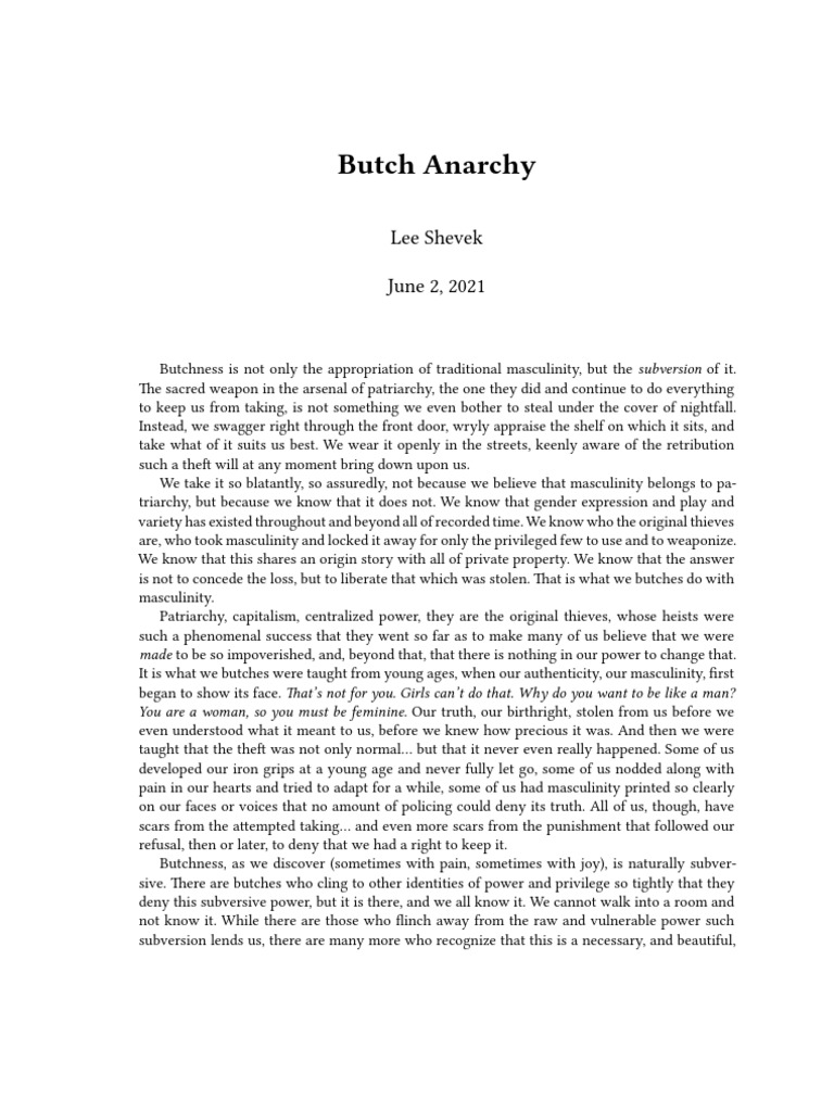 Lee Shevek Butch Anarchy | PDF | Masculinity