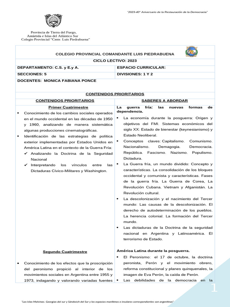 HISTORIA 5° 1 CS Y 5° 1 Y 5°2 EyA-CONT PRIORITARIOS - FORMATO 2023 ...