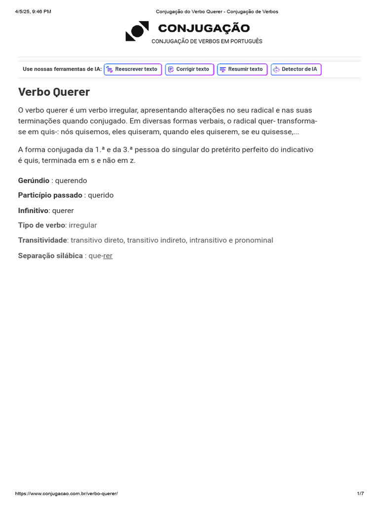 7. Conjugação do Verbo Querer | PDF | Relações sintáticas | Famílias ...