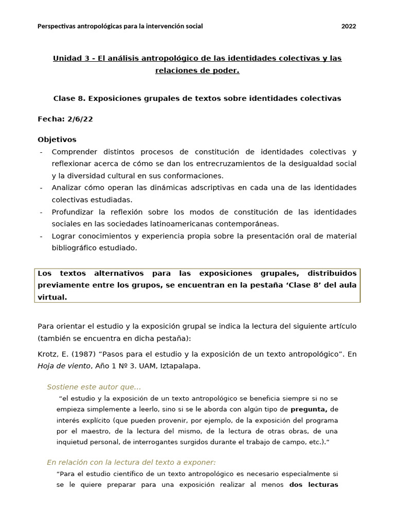 Clase 8 - Guía para Las Exposiciones Grupales Sobre Identidades Colectivas | PDF | Antropología ...