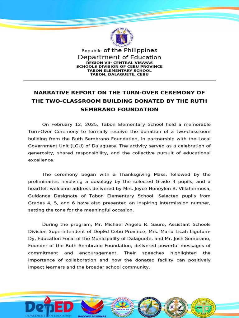 Narrative Report Sa Turn Over Ceremony | PDF