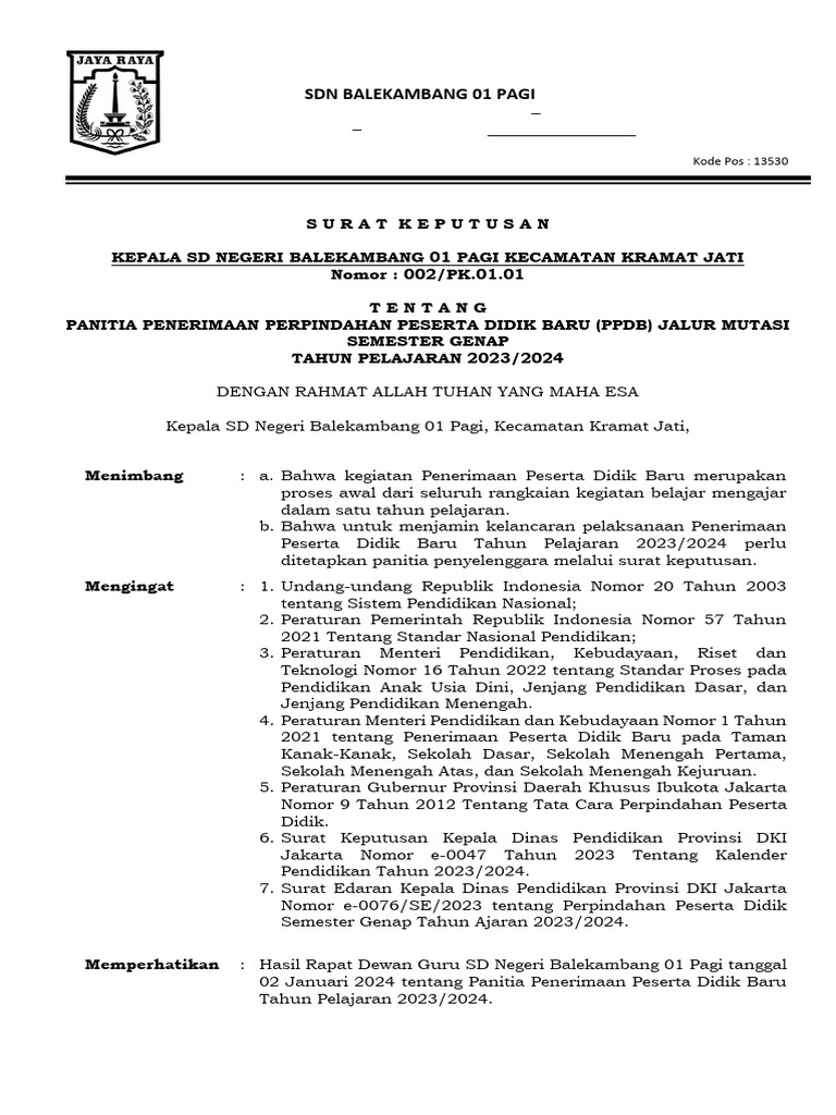 002 PK 01 01 SK Panitia Penerimaan Siswa Mutasi SMT Genap 2023 2024 | PDF