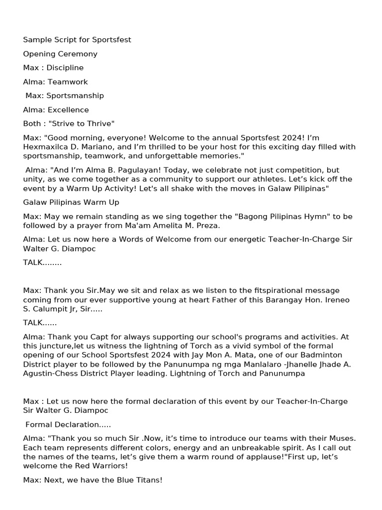 Script For Sportsfest | PDF