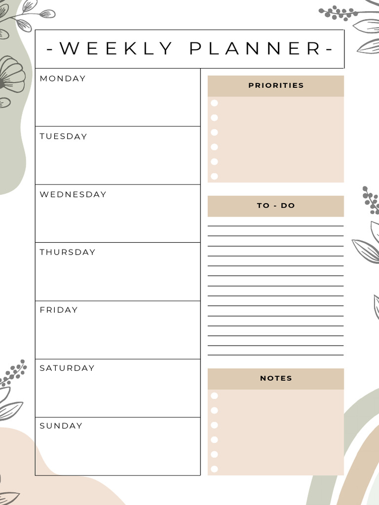 Beige and Green Organic Natural Weekly Planner A4 | PDF