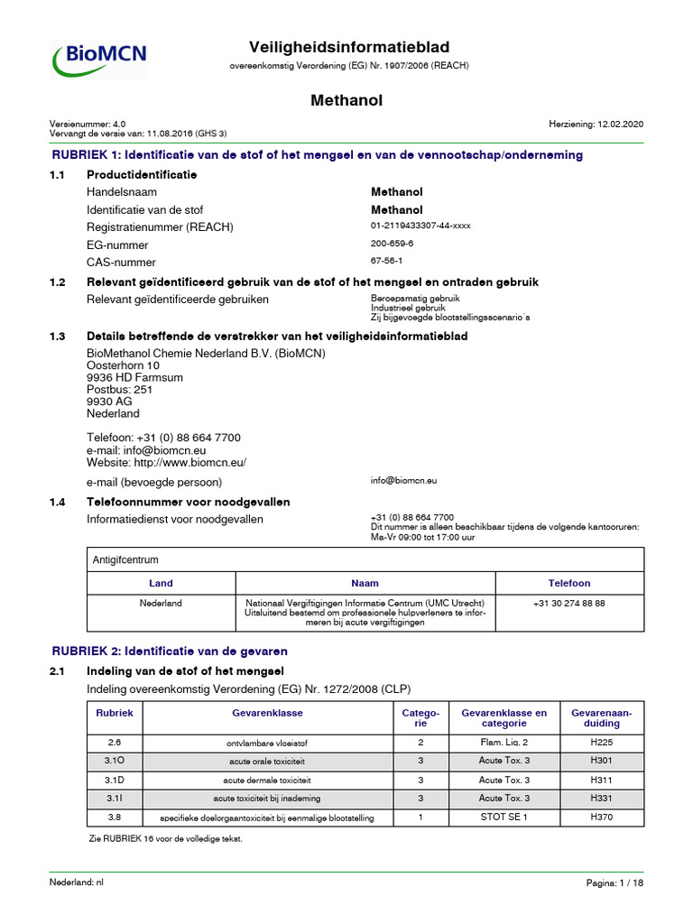 BioMCN Safety Data Sheet Methanol NL | PDF