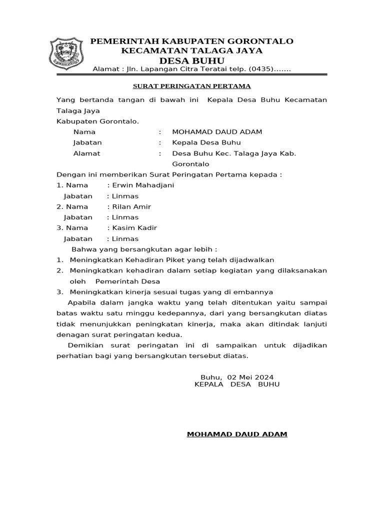 Surat Peringatan Pertama Linmas Buhu | PDF