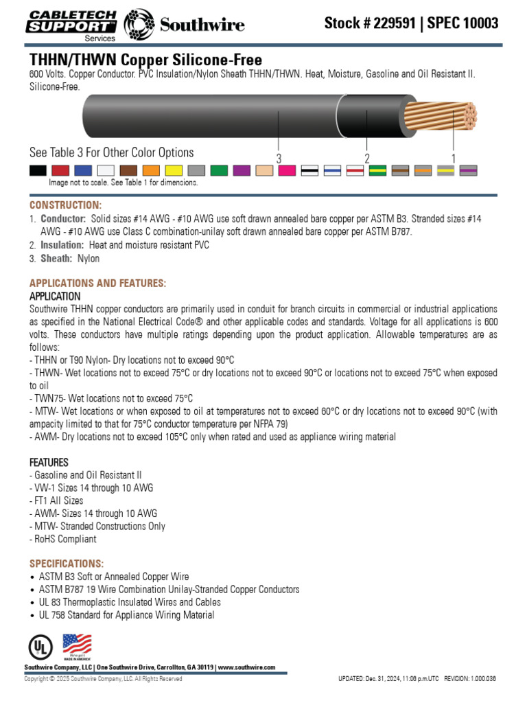 Southwire THHN/THWN Copper Wire Specs | PDF | Electrical Wiring ...