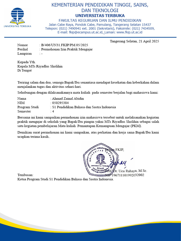 Surat Permohonan Izin Praktik Mengajar | PDF