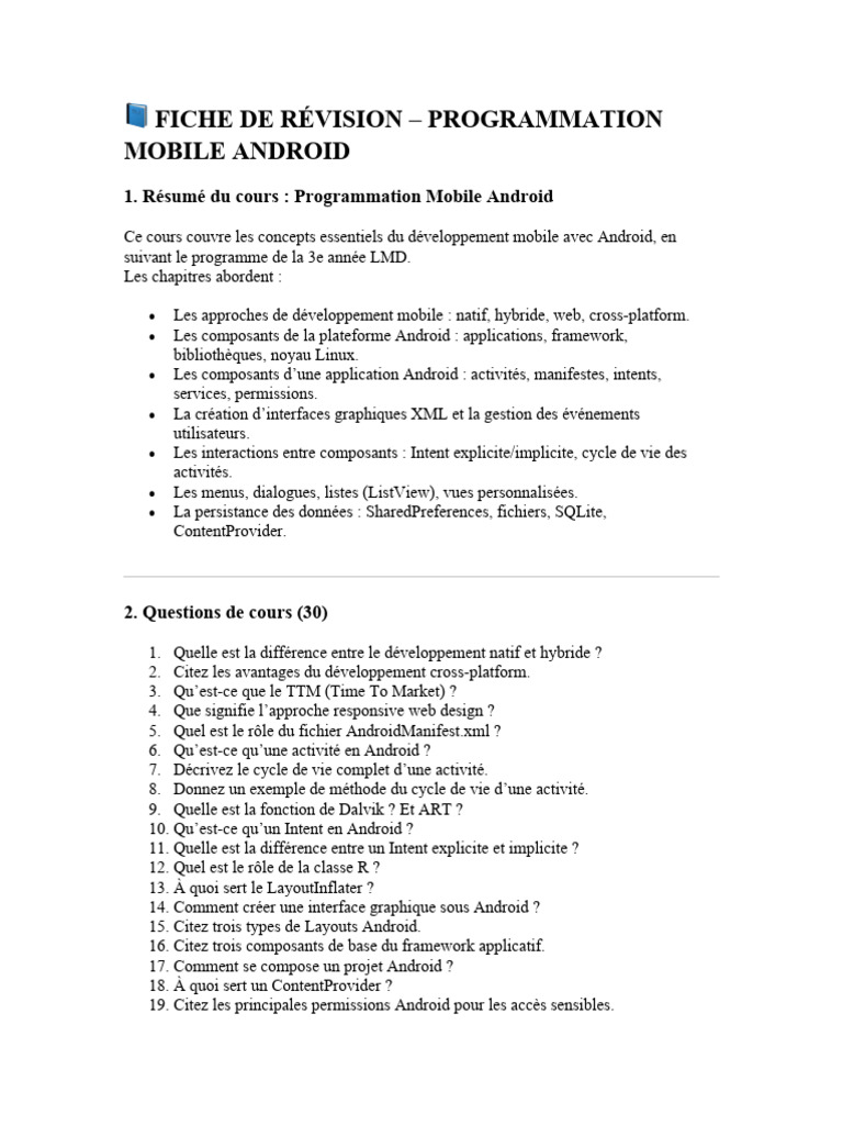 Fiche de Révision-Programmation-Android | PDF | Android (Système d ...