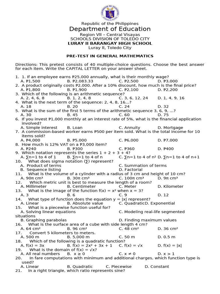 General Mathematics Pre-Test Questions | PDF | Student's T Test ...