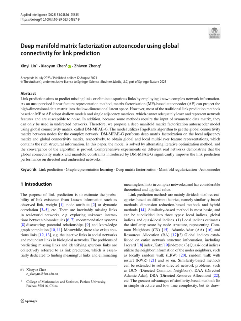 Deep Manifold Matrix Factorization Autoencoder Using Global Connectivity For Link Prediction ...