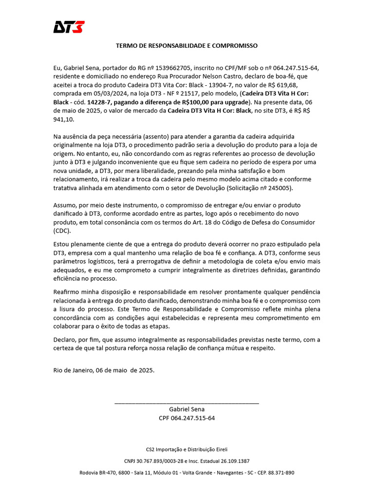 Modelo - Termo de Responsabilidade e Compromisso - Gabriel Sena | PDF