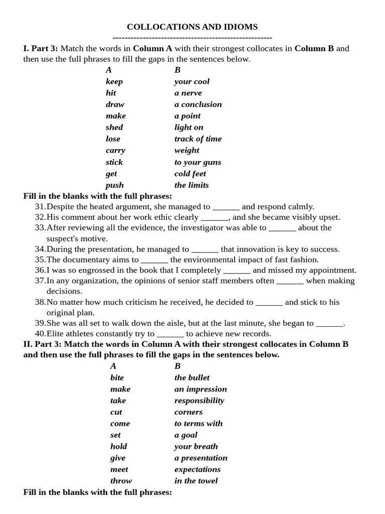 Collocations and Idioms Practice Exercises | PDF | Idiom
