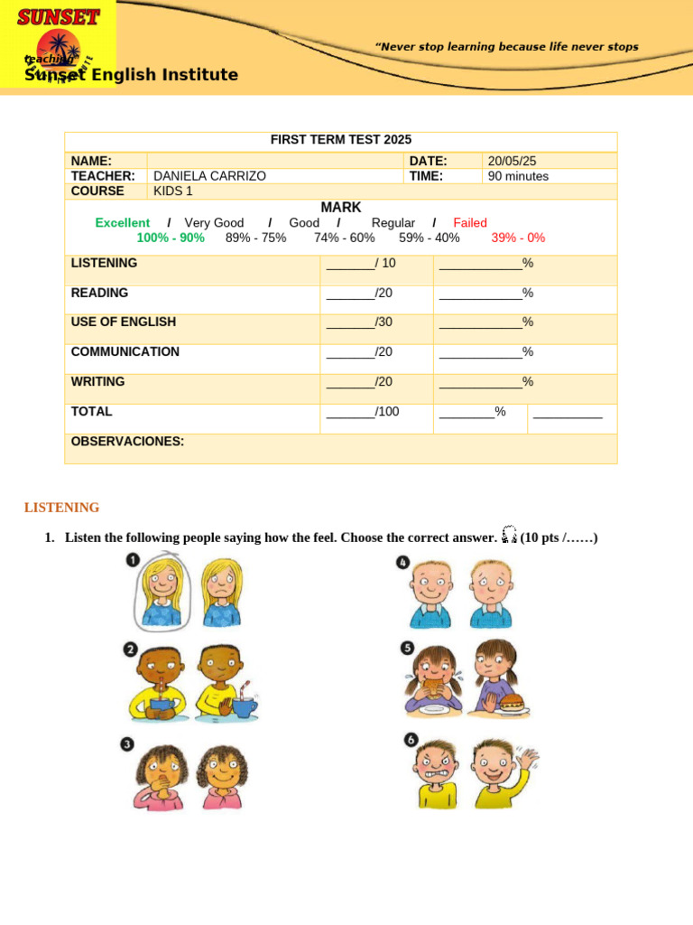 First Term Exam Kids 1 2025 | PDF | Chess Theory | Chess