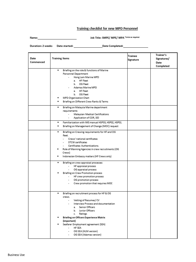 MPD Personnel Training Checklist | PDF