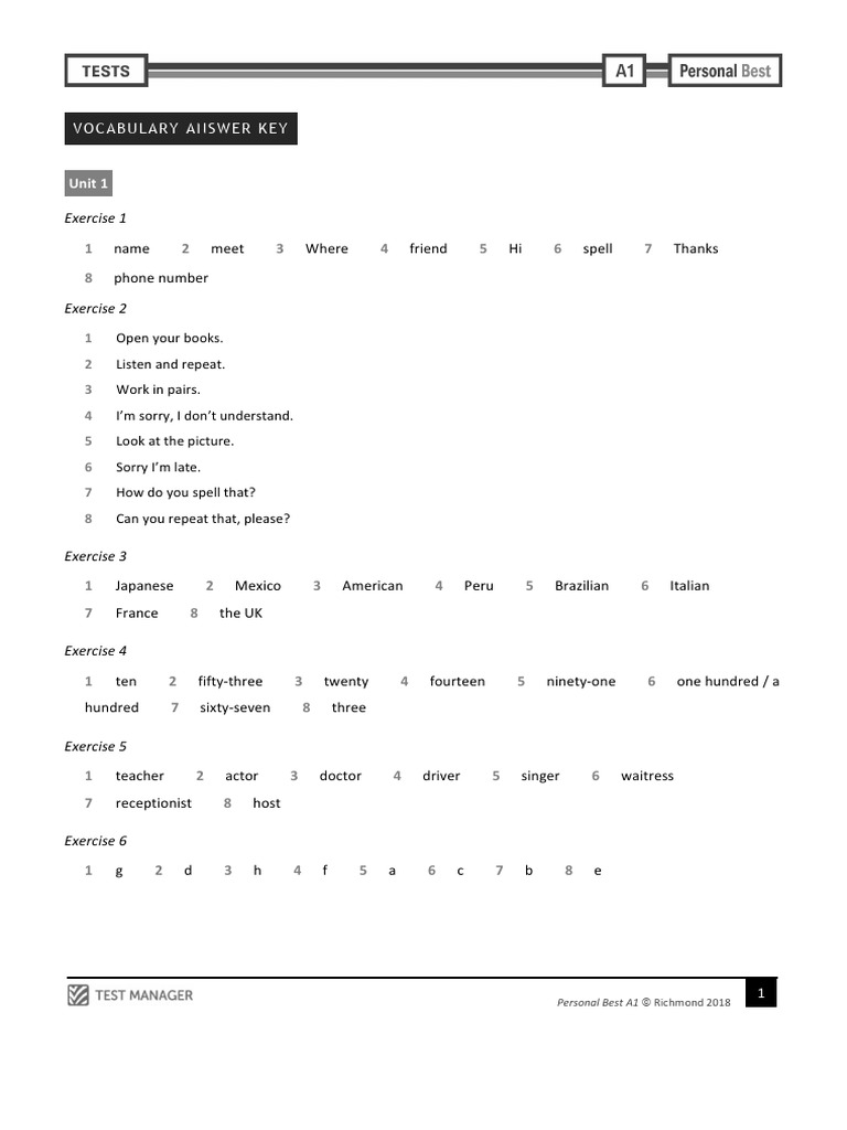 Vocabulary Answer Key A1 | PDF
