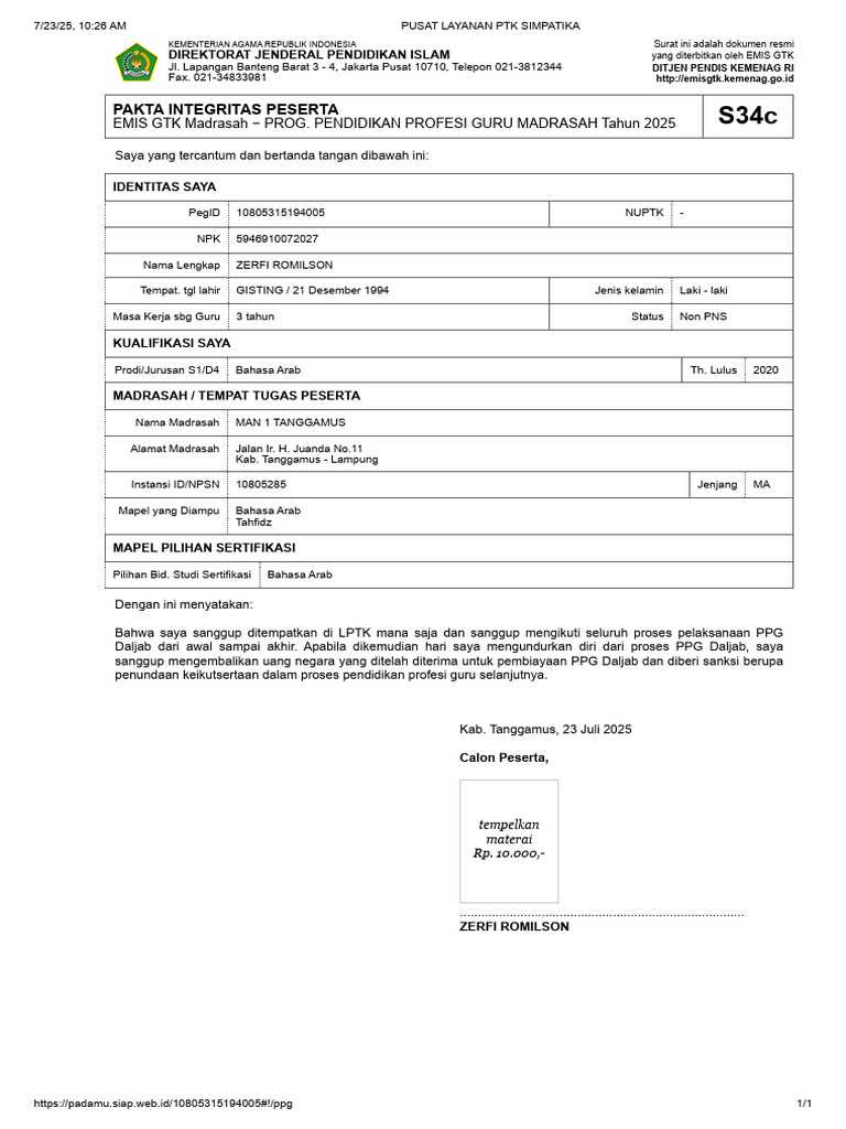 s34c Pakta Integritas Zerfi PPG | PDF
