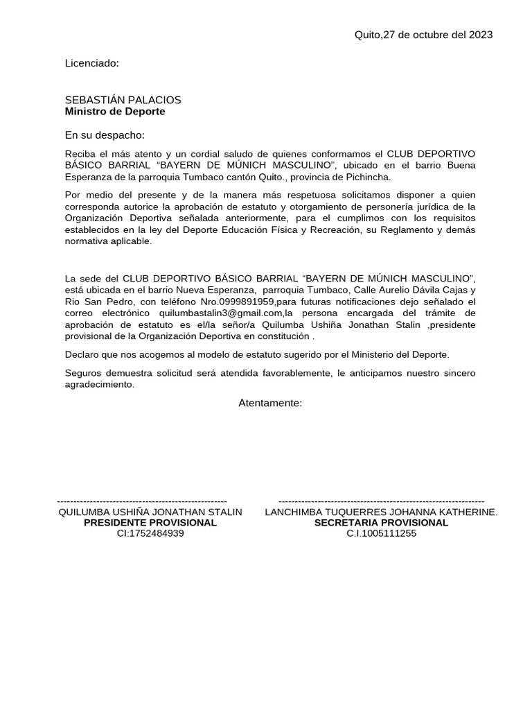 Solicitud de Personería Jurídica Deportiva | PDF