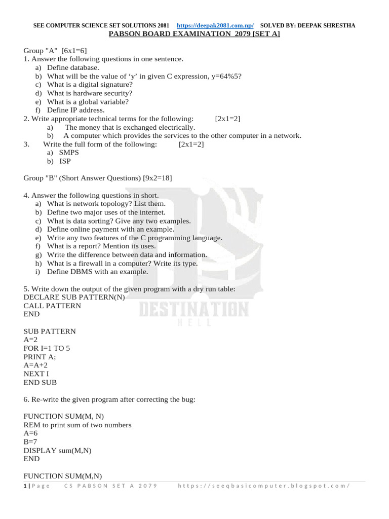 See Solutions Computer Science Pabson Set A See 2079 | PDF | Computer Network | Internet