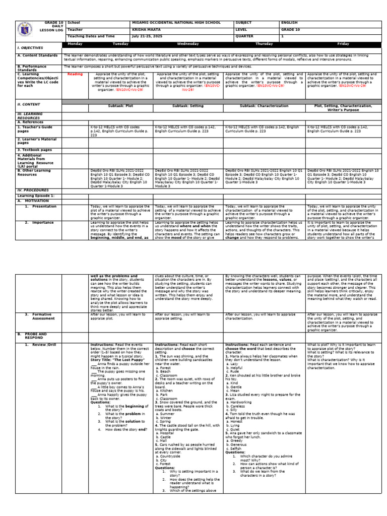 DLL Appraise The Unity of The Plot Setting and Characterization in A Material Viewed | PDF ...