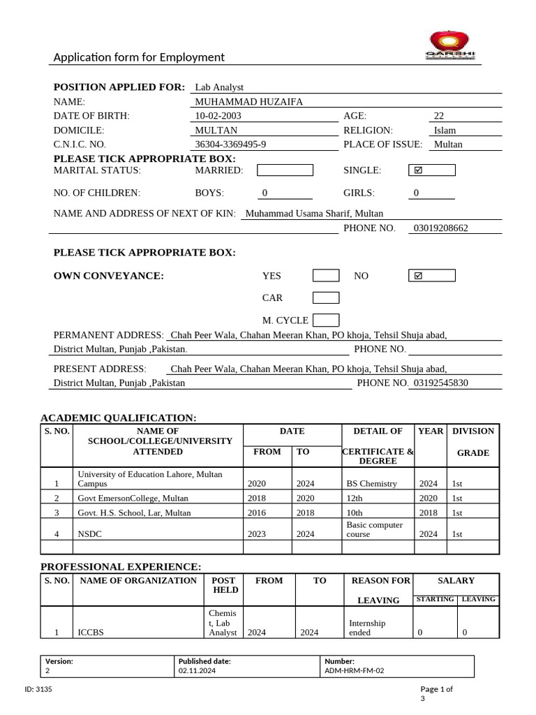 QRI Employement Form New | PDF | Pakistan