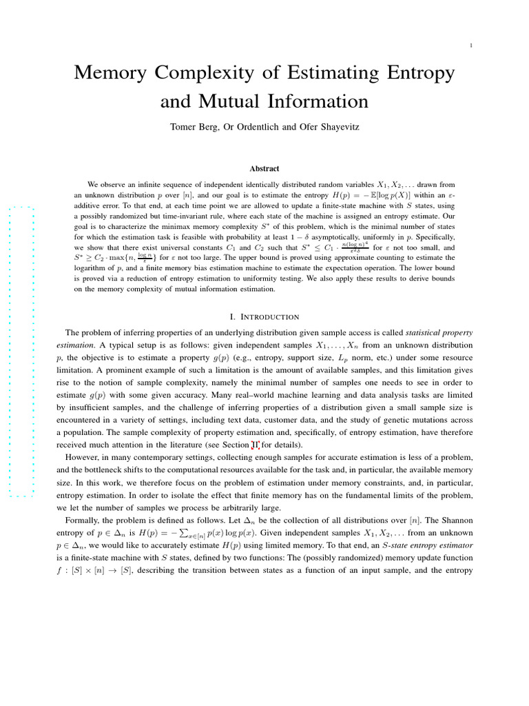 Memory Complexity of Estimating Entropy | PDF | Computational Complexity Theory | Estimator
