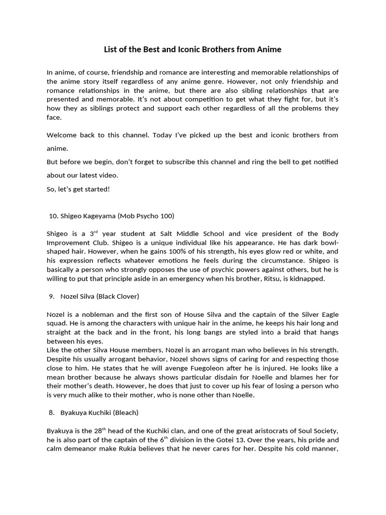 List of The Best and Iconic Brothers From Anime | PDF